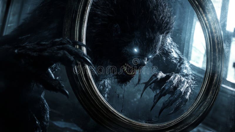 Dark Horror Creature Reflection in Antique Mirror Stock Illustration ...
