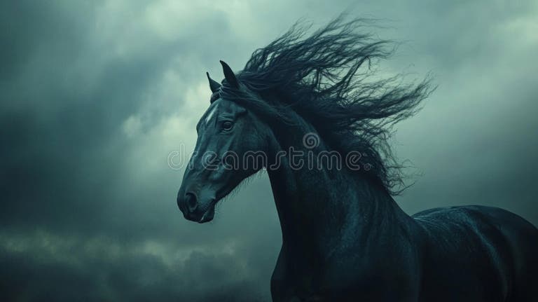 Dark Horse in a Stormy Setting Stock Illustration - Illustration of ...