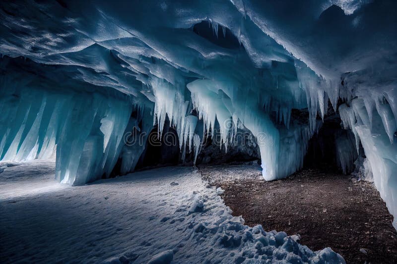 Dark Ice Cave in Snow with Icicle Stalactites and Stalagmites. Stock ...