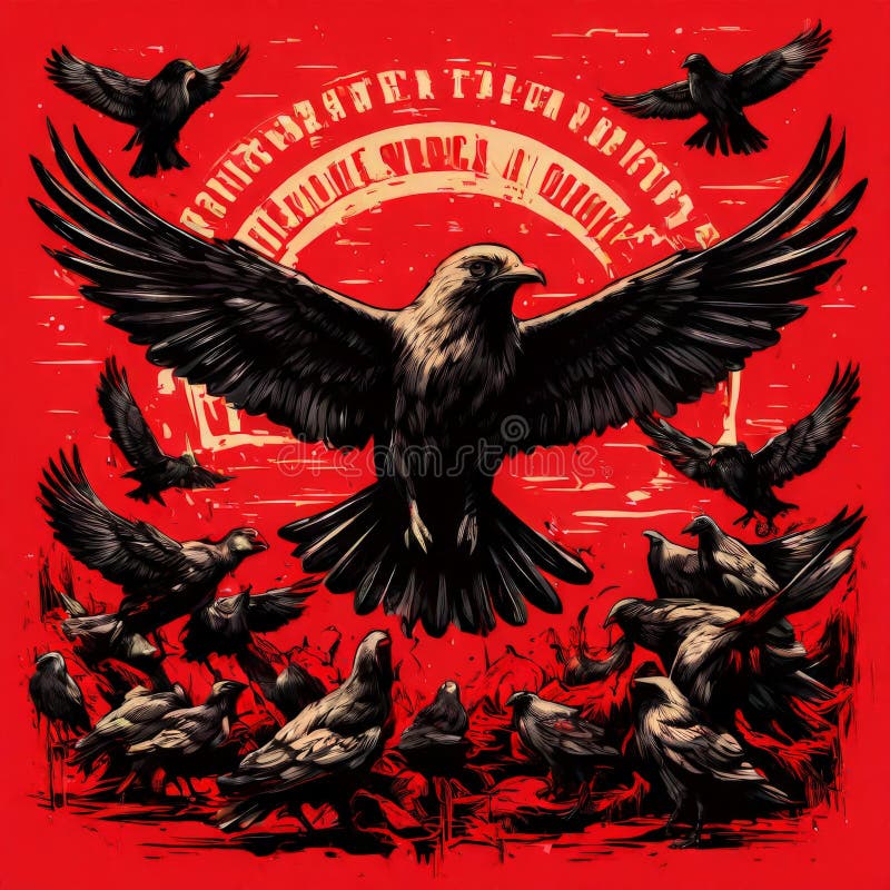 Dark Illustration of Crows in Flight with Red Background Stock Photo ...