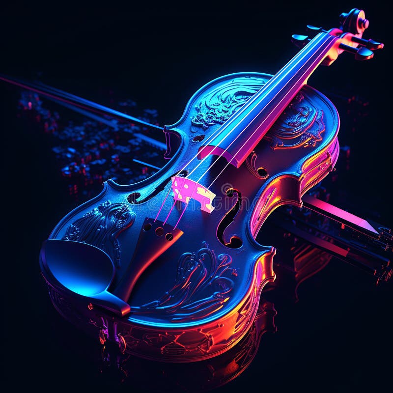 Violin in Neon Glowing Light, on Dark Background. Stock Illustration ...