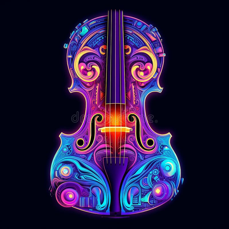 Violin in Neon Glowing Light, on Dark Background. Stock Illustration ...