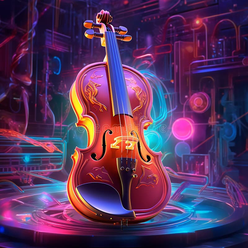 Violin in Neon Glowing Light, on Dark Background. Stock Illustration ...