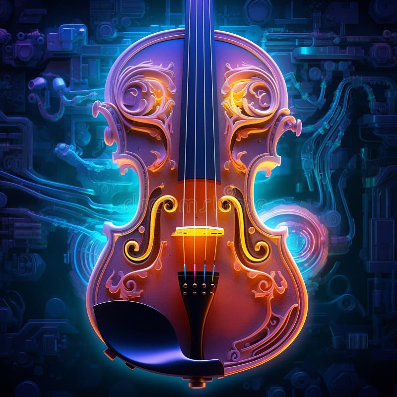Violin in Neon Glowing Light, on Dark Background. Stock Illustration ...
