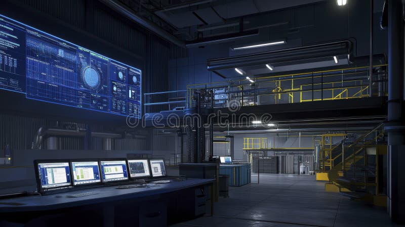 Dark Industrial Control Room with Glowing Digital Displays Stock ...