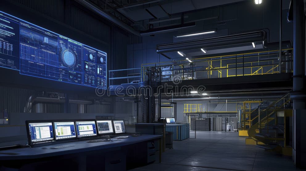 Dark Industrial Control Room with Glowing Digital Displays Stock ...