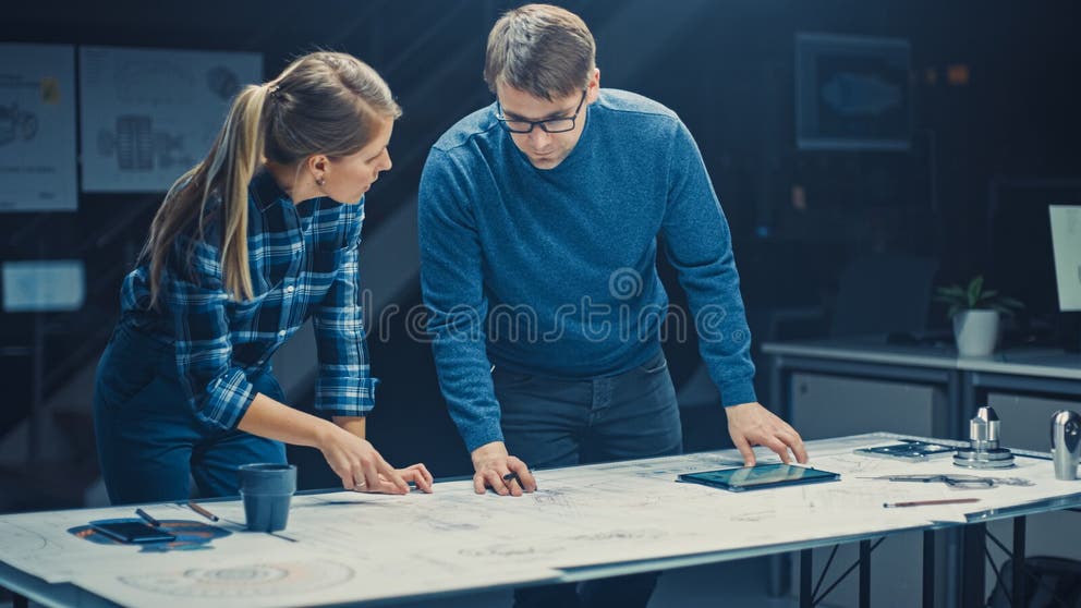In the Dark Industrial Design Engineering Facility Male and Female Engineers Talk and Work on a ...