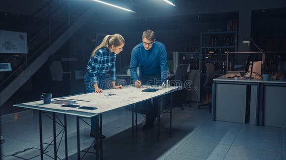 In the Dark Industrial Design Engineering Facility Male and Female Engineers Work on a ...