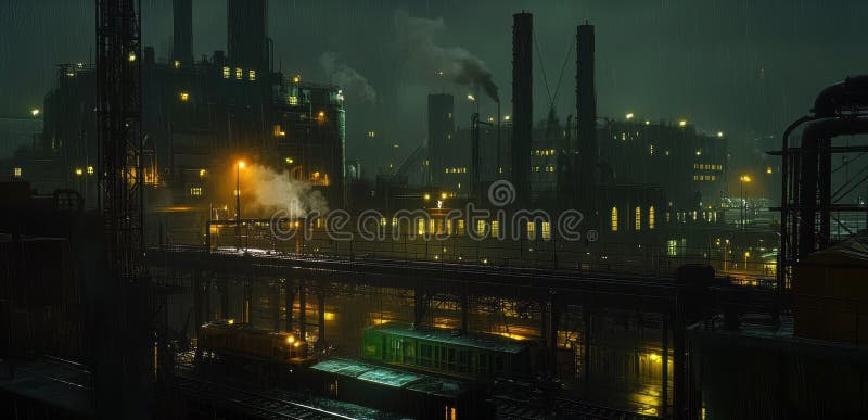 Dark Industrial Scene with Glowing Lights and Steam Rising Stock ...