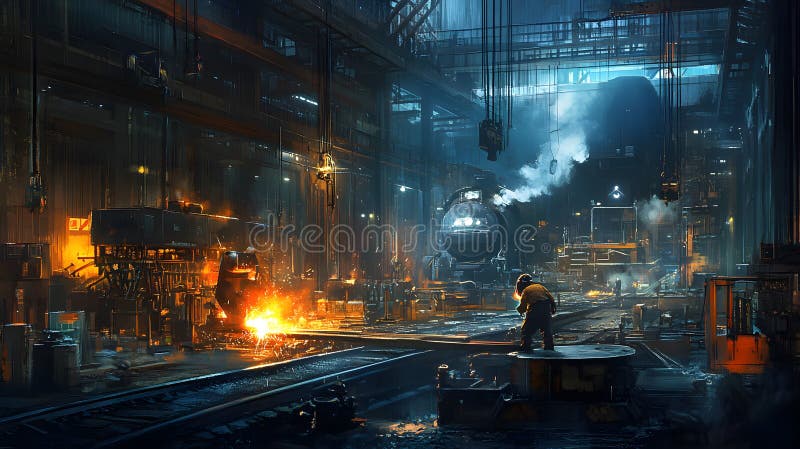 A Dark Industrial Scene with a Train Being Repaired in a Workshop ...