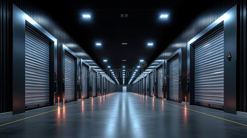 Dark, Industrial Storage Facility with Metal Doors and Bright Lights ...