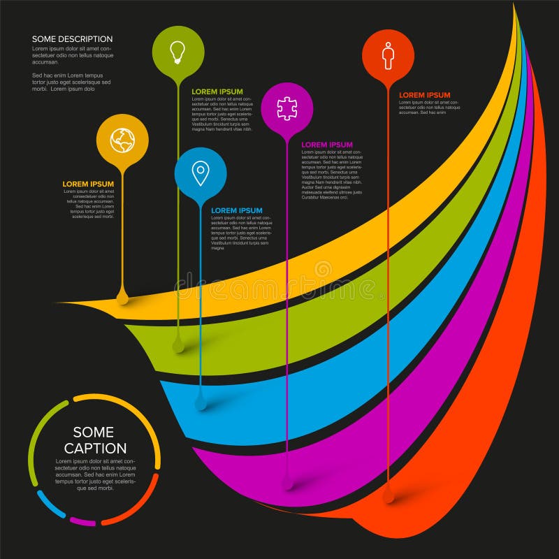 Dark Infographic Template with Five Droplet Pointers on Curved Rainbow ...