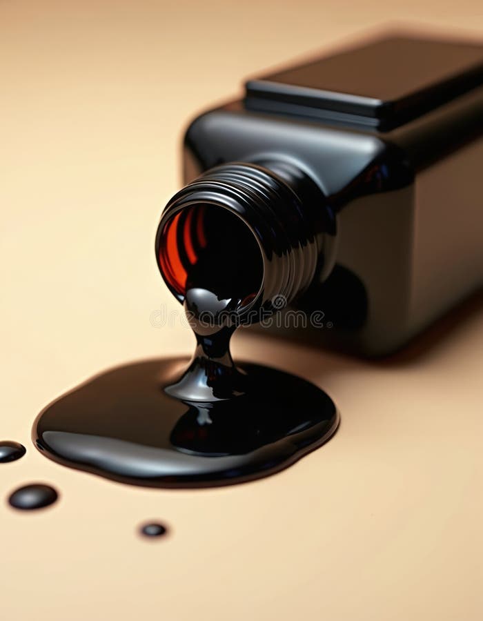 Dark Ink Spills from Bottle Onto Light Surface. Black Liquid Spreads ...