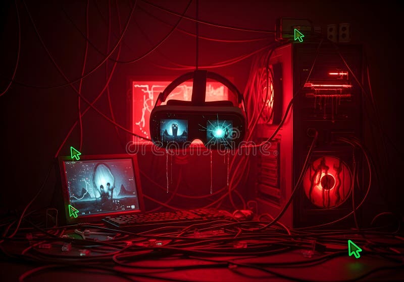 Immersive Virtual Reality Setup with Eerie Screens and Tangled Wires ...