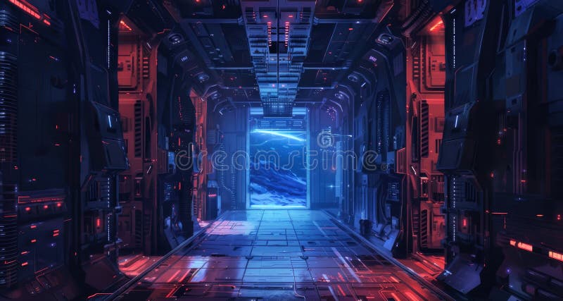 Dark Interior of Futuristic Spaceship or Space Base, Cargo Corridor ...