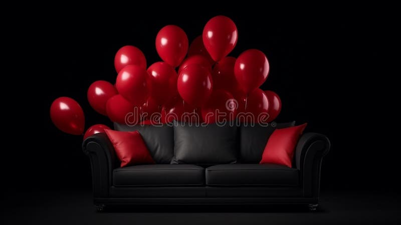 Dark Interior with Red Balloons and a Sofa. Birthday Party. Generative ...