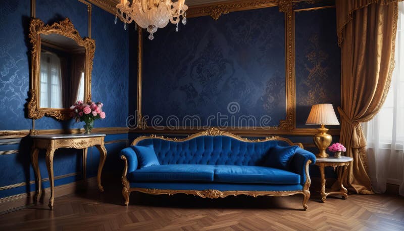 Dark Interior Room with Baroque Wallpaper Stock Illustration ...