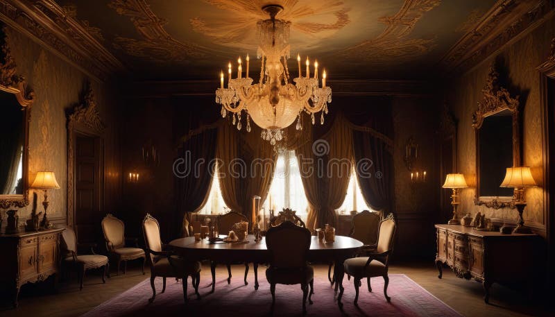 Dark Interior Room with Baroque Wallpaper Stock Illustration ...