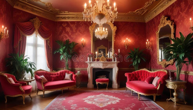 Dark Interior Room with Baroque Wallpaper Stock Illustration ...