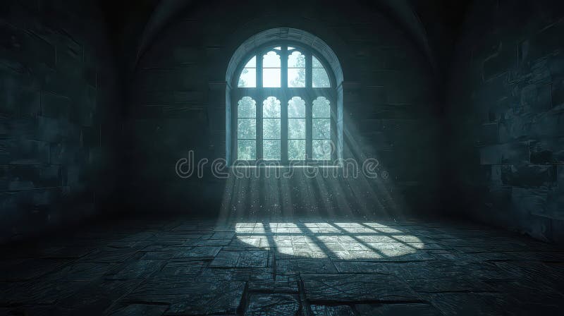 Dark Stone Room with Arched Window Sunlight Streaming through Interior ...