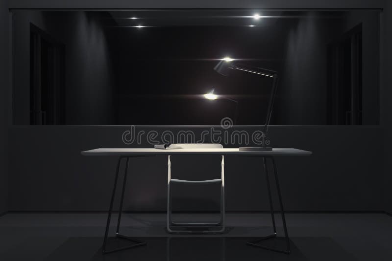 Dark Interrogation Room with Switched-on Lamp and Big Mirror, 3d ...