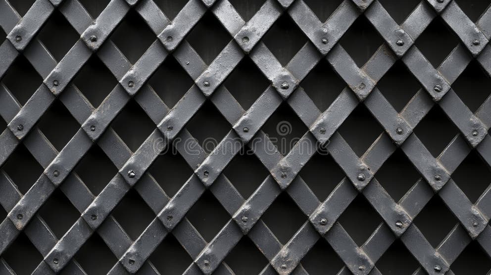 A Dark Iron Lattice Design with Rivets on a Textured Dark Surface Stock ...