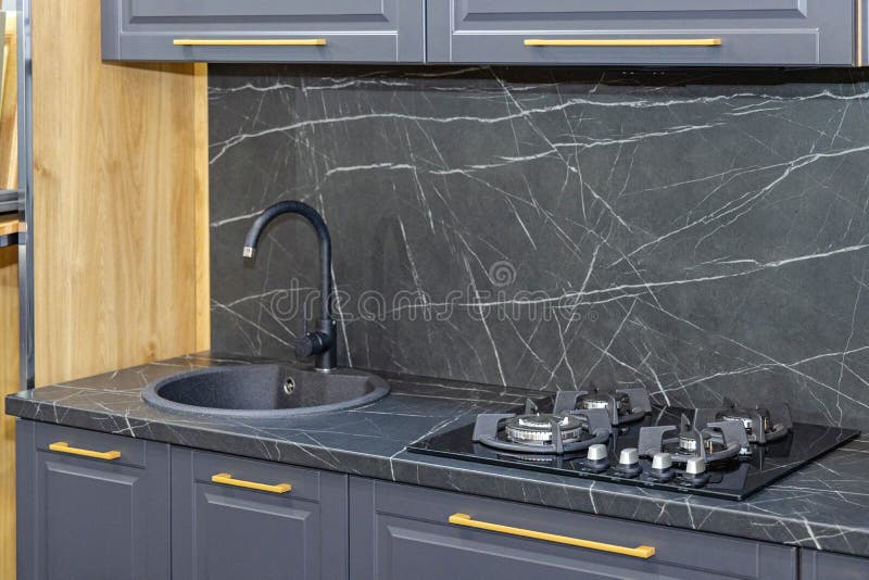 Dark Kitchen Counter stock image. Image of house, interior - 267916969