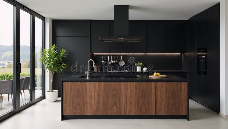 Dark Kitchen with a Harmonious Blend of Black and Walnut Finishes Stock ...
