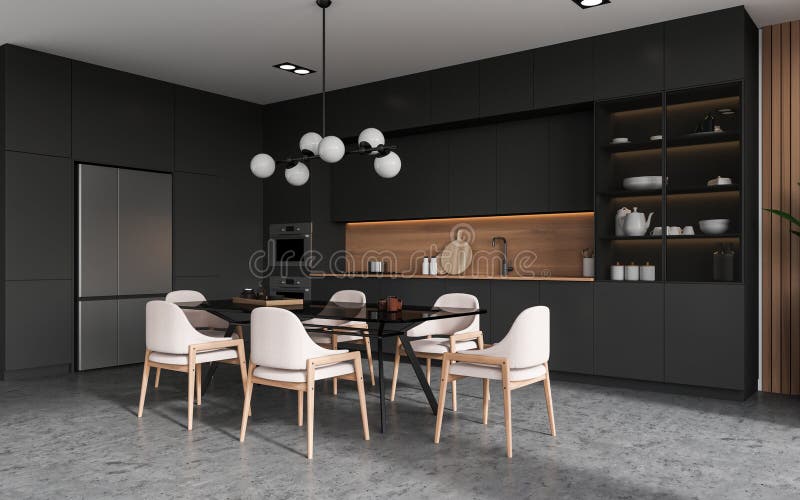 Dark Kitchen Interior with Cooking and Dining Corner with Kitchenware ...