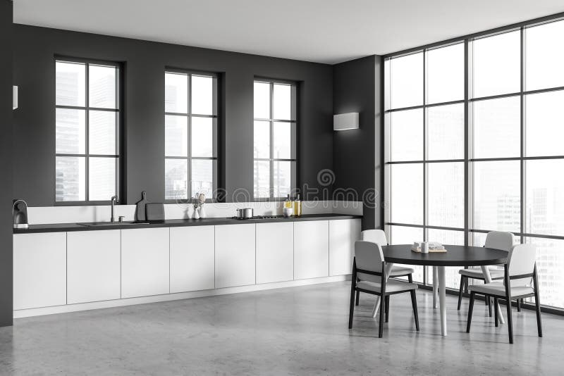 Grey Kitchen Interior with Eating Table and Chairs, Kitchenware and ...