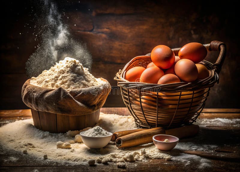 Dark Kitchen Still Life Rustic Baking Silhouette Featuring Flour Eggs ...