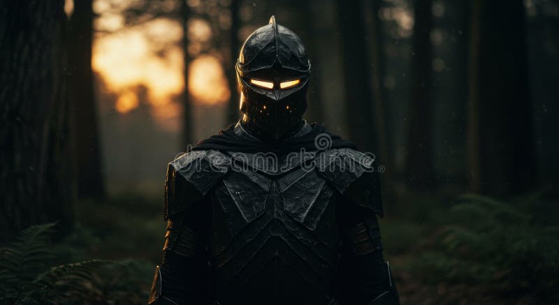 Dark Knight in Forest at Sunset Stock Photo - Image of battle, armor ...