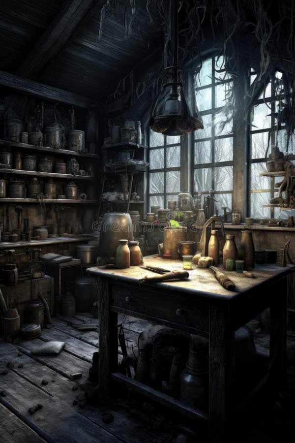 Dark Laboratory with Bubbling Potions and Witchcraft Tools Stock ...