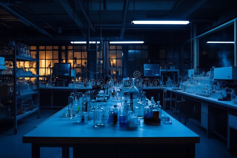 Dark Laboratory with Glassware Illuminated by Blue Lighting Stock ...