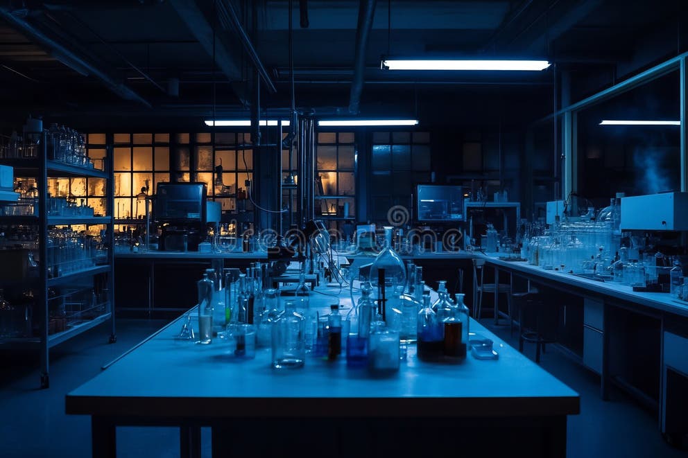 Dark Laboratory with Glassware Illuminated by Blue Lighting Stock ...