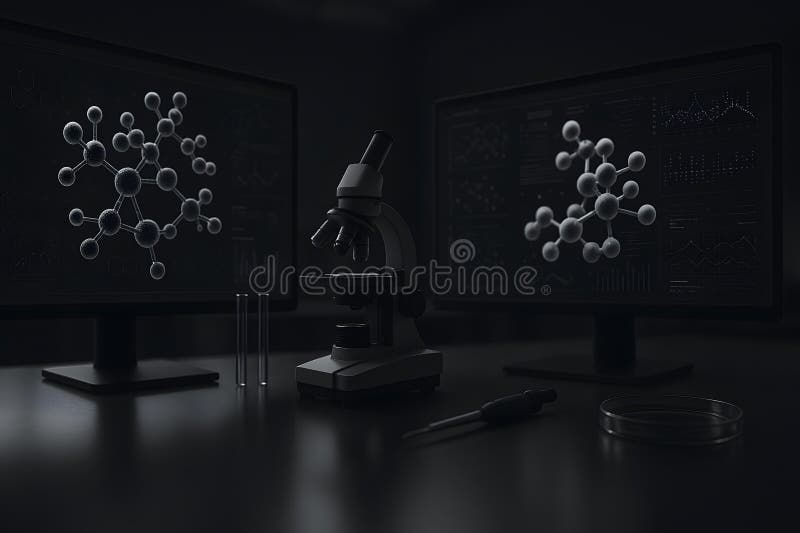 Dark Laboratory Scene with Microscope and Monitors Displaying Molecular ...