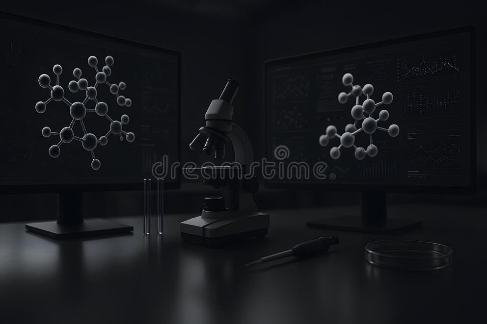 Dark Laboratory Scene with Microscope and Monitors Displaying Molecular ...