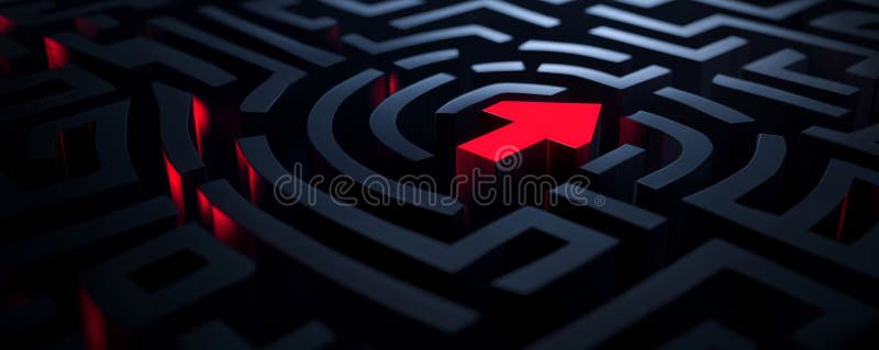 Dark Labyrinth with Glowing Red Path and Arrow, Abstract Concept Stock ...