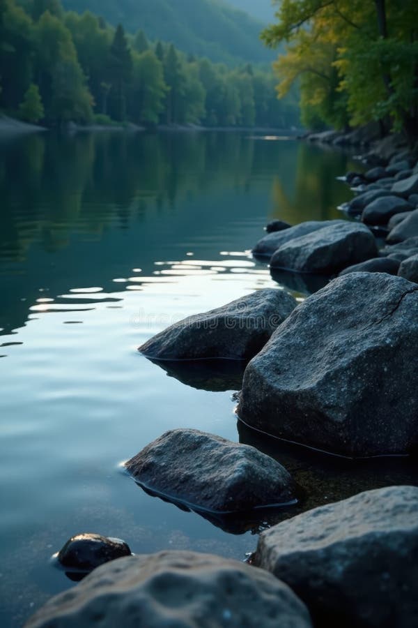 Dark Lake Rocks, Subtle Water Ripples, Peaceful Scene , Peace, Shadows ...