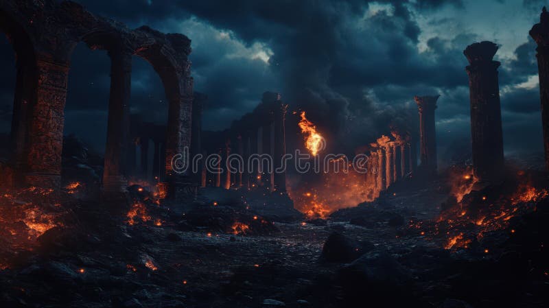 Dark Landscape with Ancient Ruins and Eternal Fire Stock Illustration ...