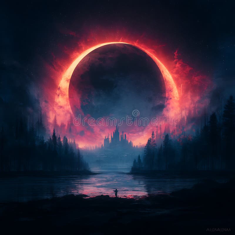 A Dark Landscape Features a Massive Eclipse with a Red and Black Sky ...
