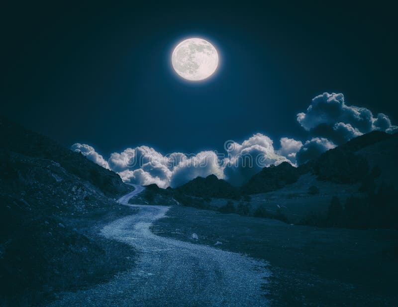 Dark Landscape with Full Moon and Path Stock Photo - Image of lane ...