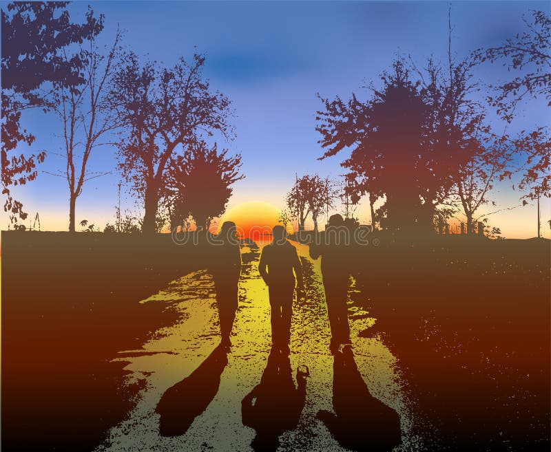 Dark Landscape with Silhouettes of Three Boys on the Road at Sunset ...