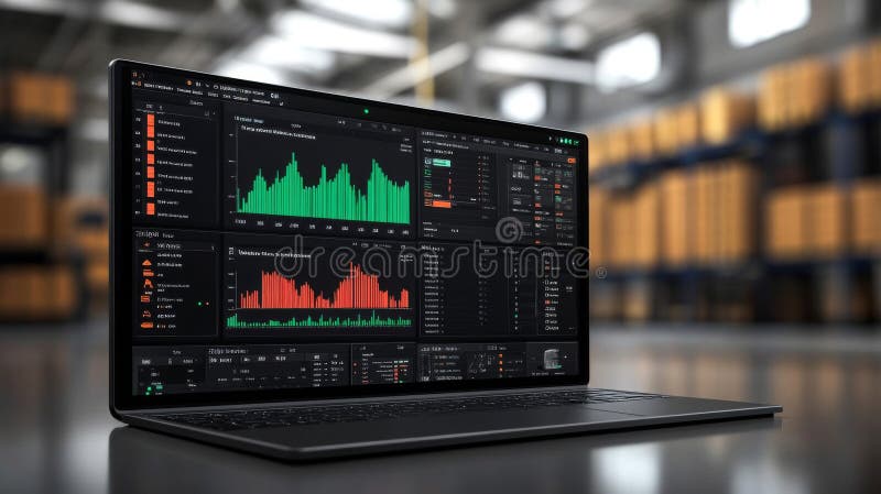 Dark Laptop Displaying Financial Charts in Warehouse Setting Stock ...