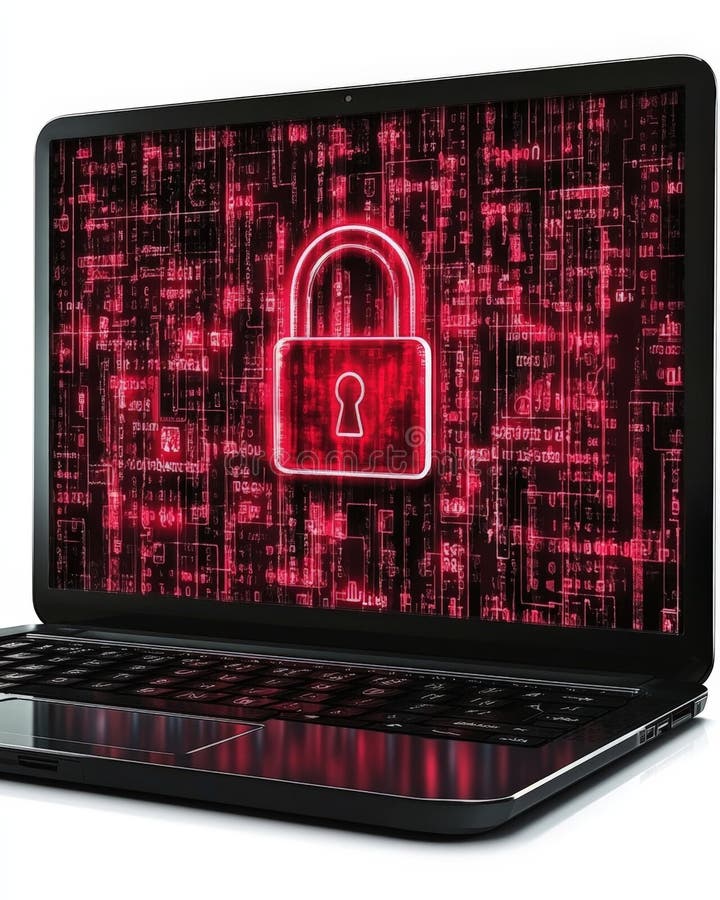 Dark Laptop Screen with a Vibrant Red Lock Icon and Intricate Digital ...