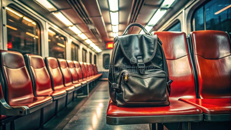 A Dark Leather Backpack Rests on Empty Red Seats Inside a Public ...