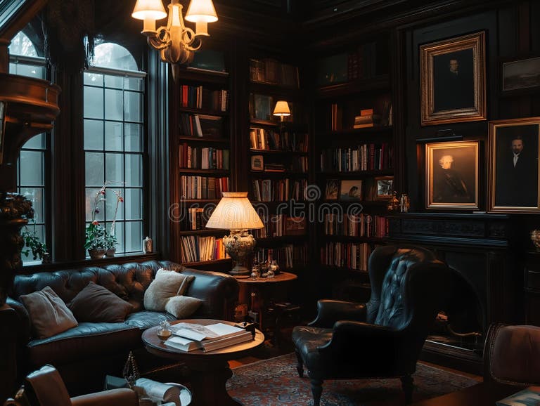 Dark Library Interior, Comfy Seating, Classical Decor, Warm Lighting ...
