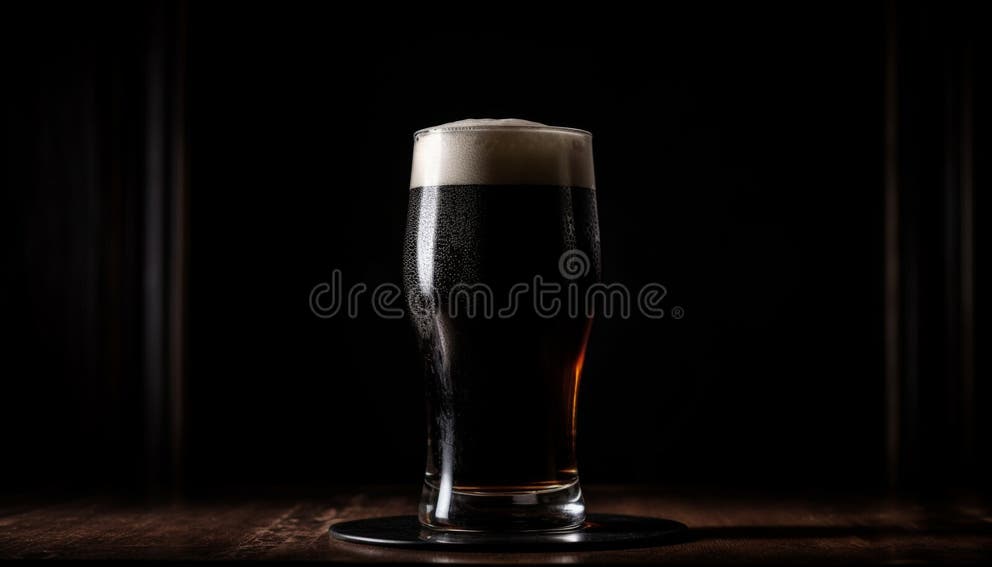 Dark Liquid Drops in Frothy Beer Glass Generated by AI Stock ...