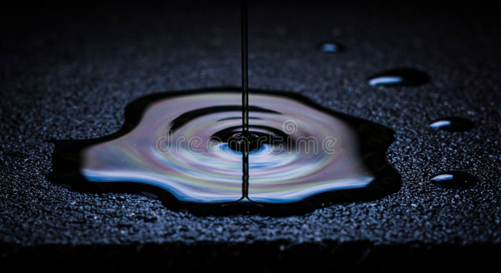 Dark Liquid Forms a Puddle on a Textured Surface, with a Thin Stream ...