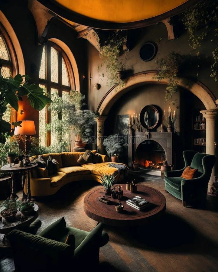 The Dark Living Room of a House with a Fireplace and a Couch. Stock ...